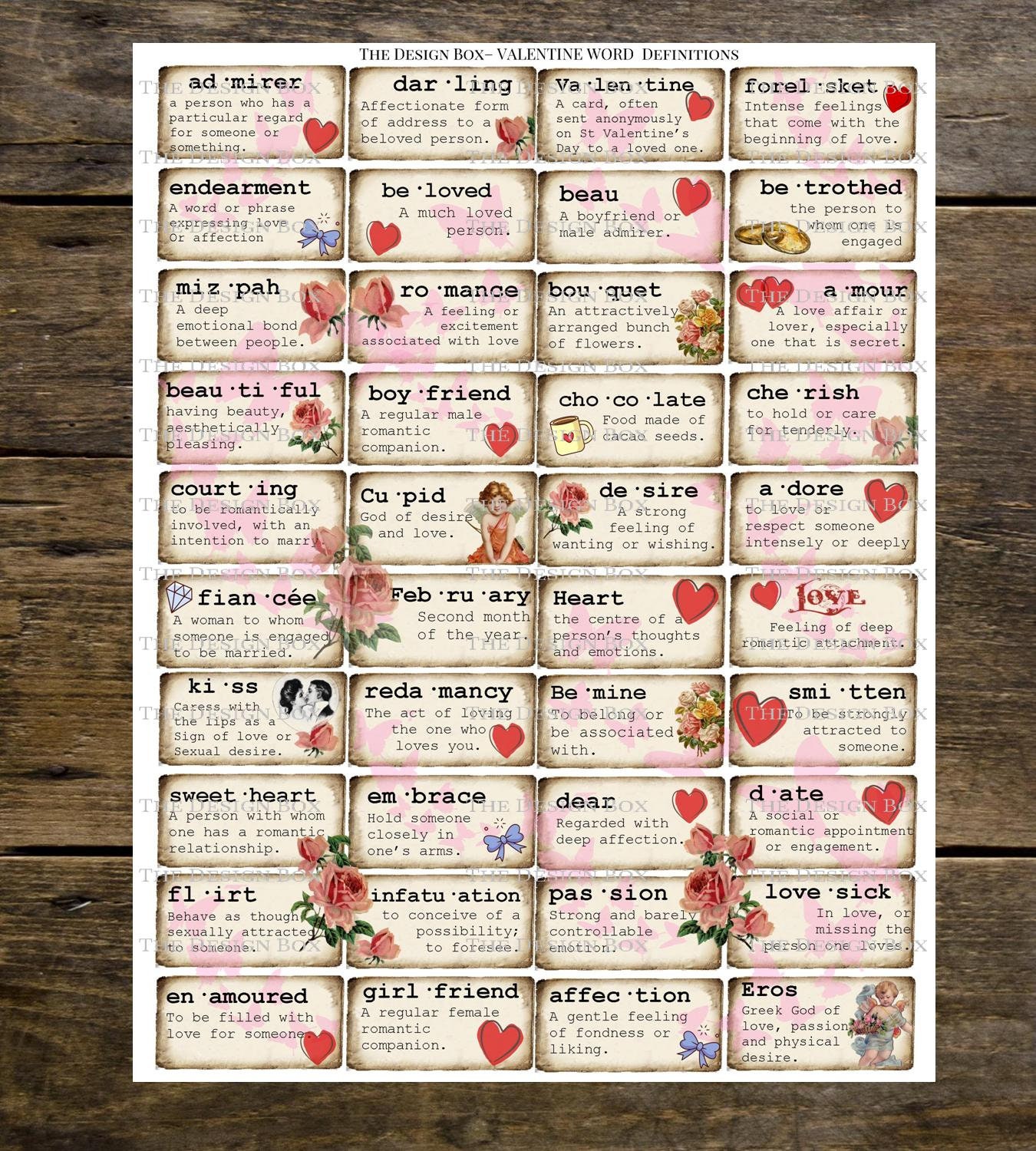 Valentine Dictionary Words, Romantic Words, Valentine Text Labels ...