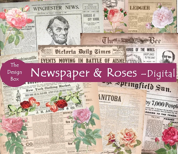 Old Newspaper & Roses Digital Paper Vintage Newsprint | Etsy