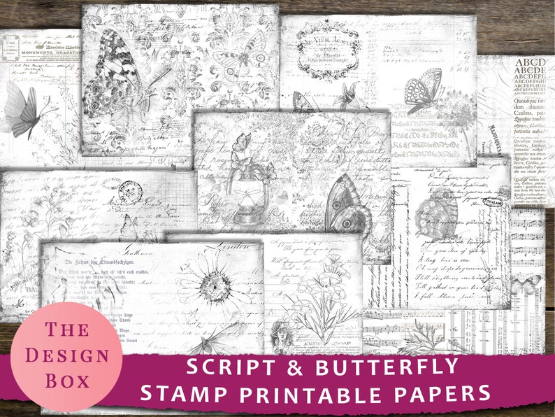 Script & Butterflies, Printable Stamp Paper, Junk Journal, Digital ...