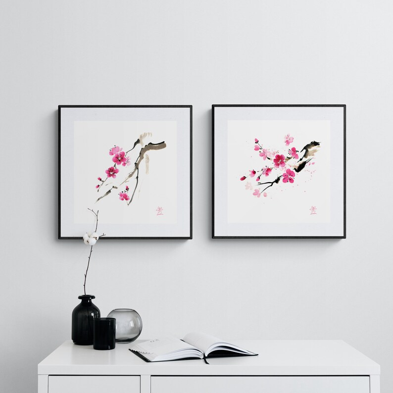 Sakura Sumi-e Digital Prints Japanese Ink Art Wall Decor Cherry Blossom ...