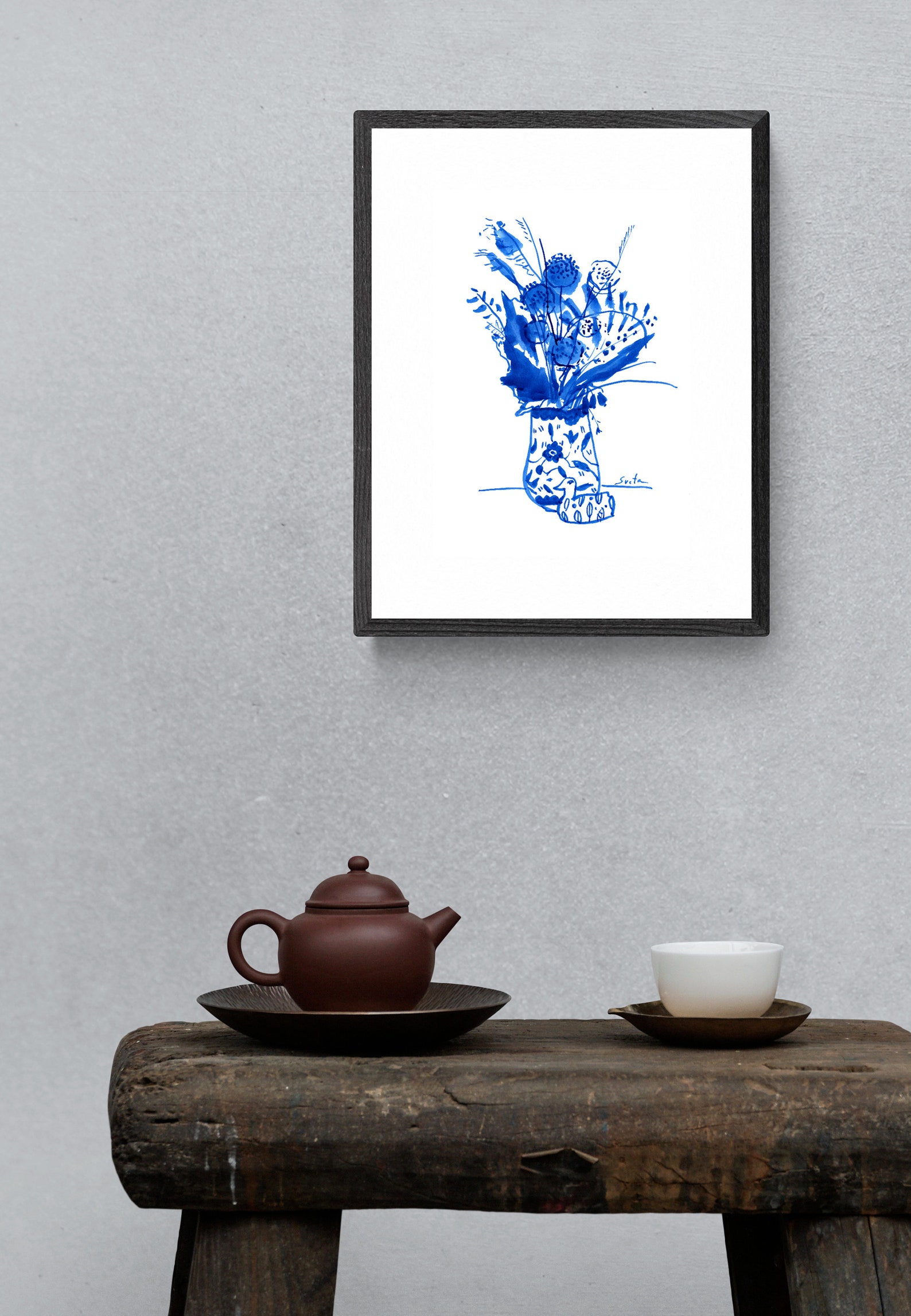 Blue Line Drawing Still Life With Vintage Dutch Duck. Ukrainian Digital ...