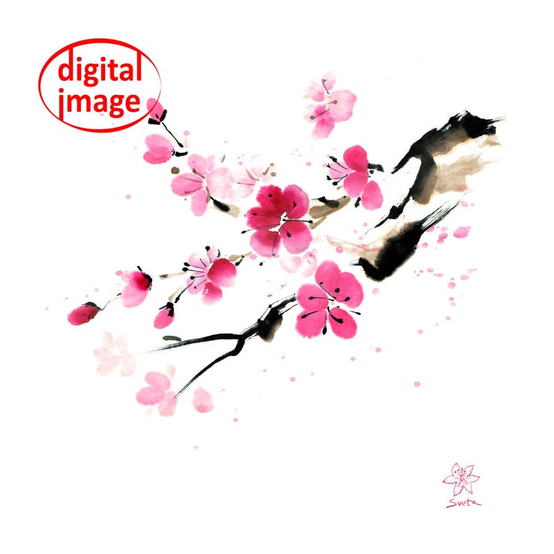 Sakura Sumi-e Digital Prints Japanese Ink Art Wall Decor Cherry Blossom ...
