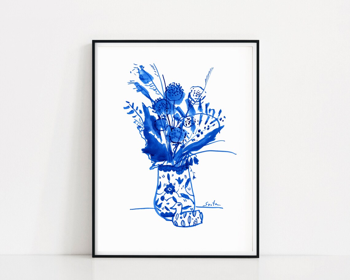 Blue Line Drawing Still Life With Vintage Dutch Duck. Ukrainian Digital ...