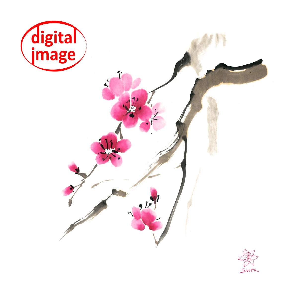 Sakura Sumi-e Digital Prints Japanese Ink Art Wall Decor Cherry Blossom ...