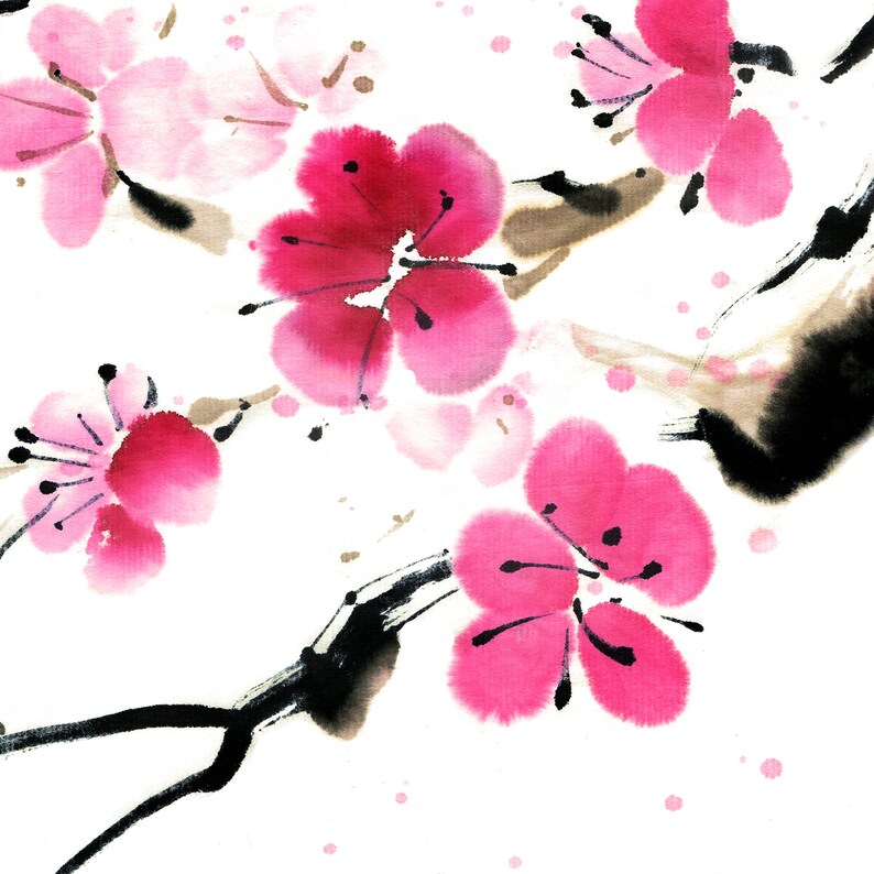 Sakura Sumi-e Digital Prints Japanese Ink Art Wall Decor Cherry Blossom ...