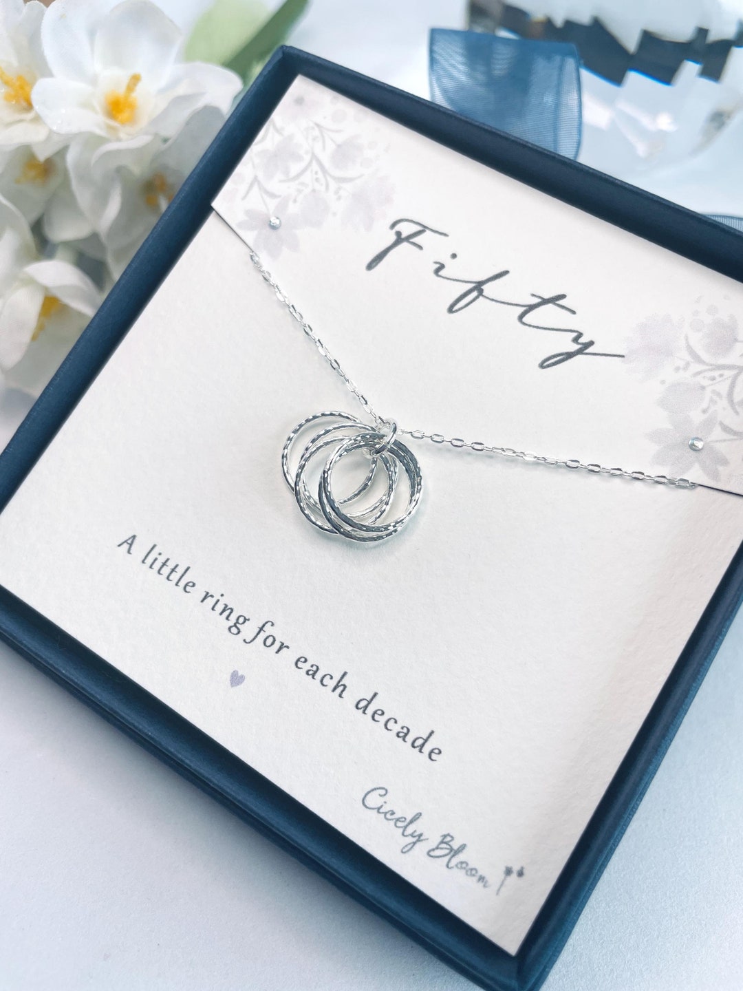 5 Rings for 5 Decades, 50th Birthday Necklace, Five Decades Pendant ...