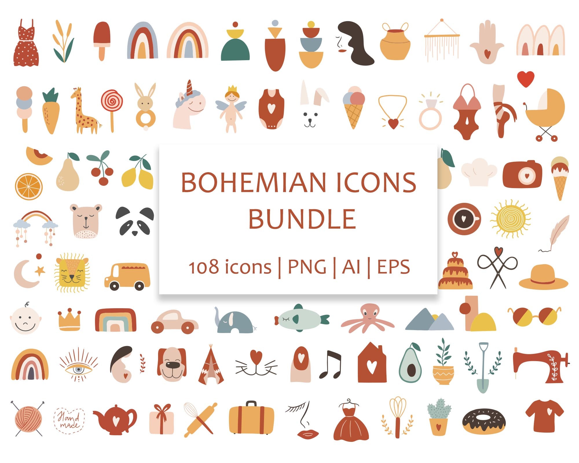 Boho Hand Drawn Clipart 108 Bohemian Icons bundle Instagram kids Icons ...