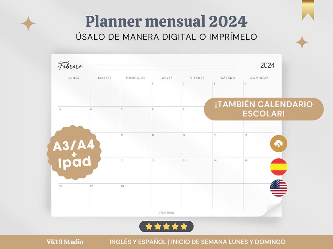 Planner Mensual Descargable 2024, Planner Imprimible 2024 | A3, A4 y ...