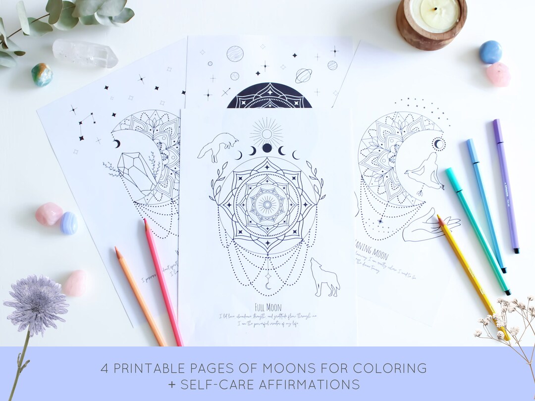 4 Printable Pages of Moons for Coloring + Self-care Affirmations. Adult ...