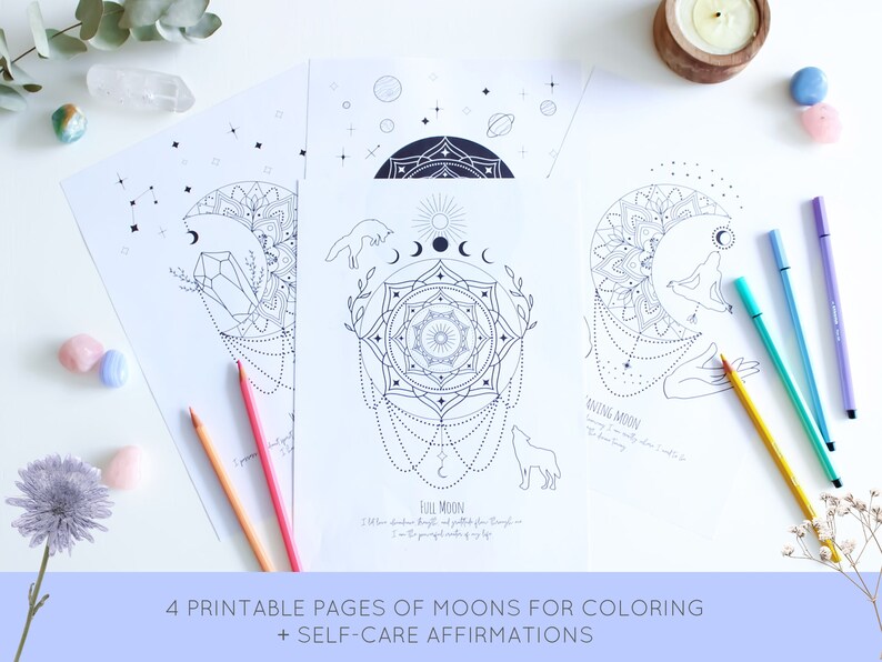 4 Printable Pages of Moons for Coloring + Self-care Affirmations. Adult ...