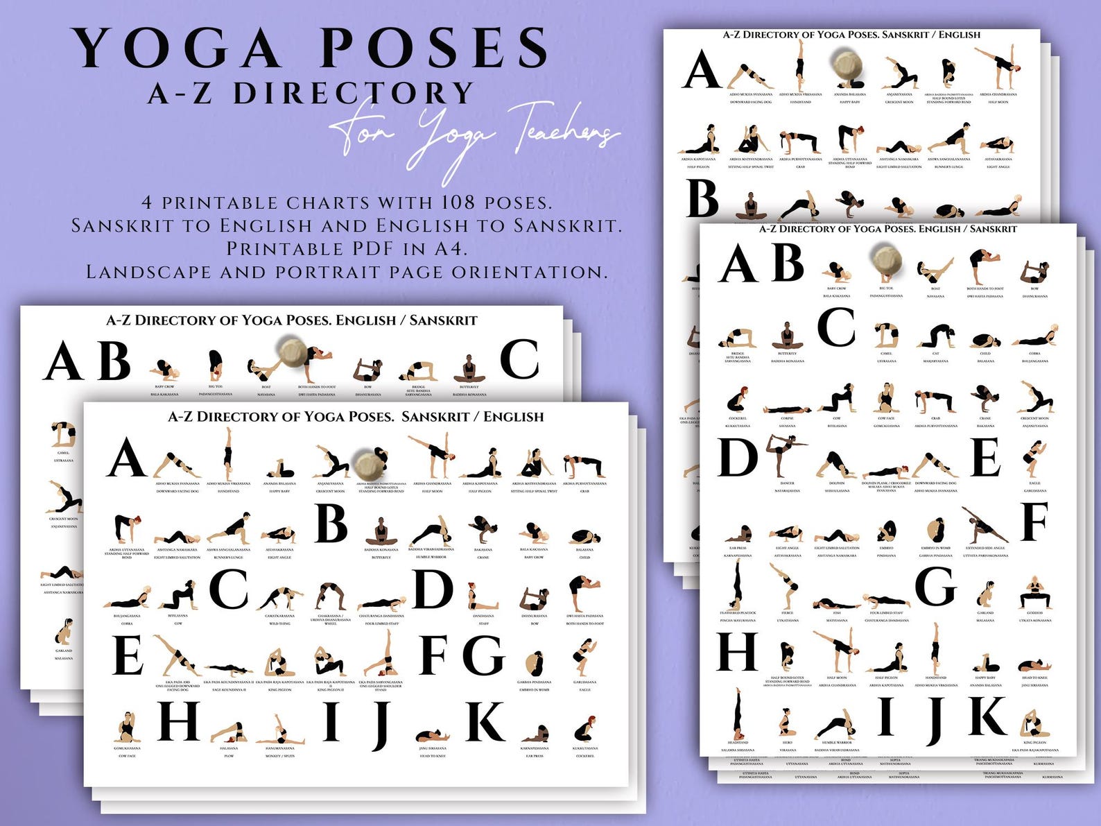 A-Z Directory of Yoga Poses. Sanskrit and English. Printable PDF in A4 ...