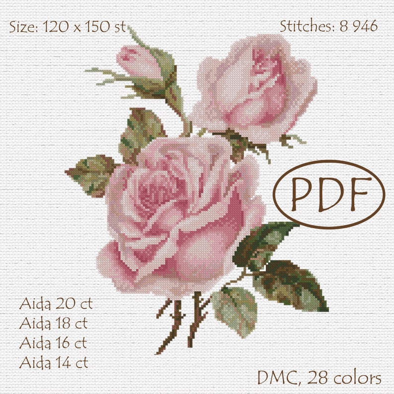 Roses Cross Stitch Pattern, Rose Flower Embroidery, Instant Downloasd ...