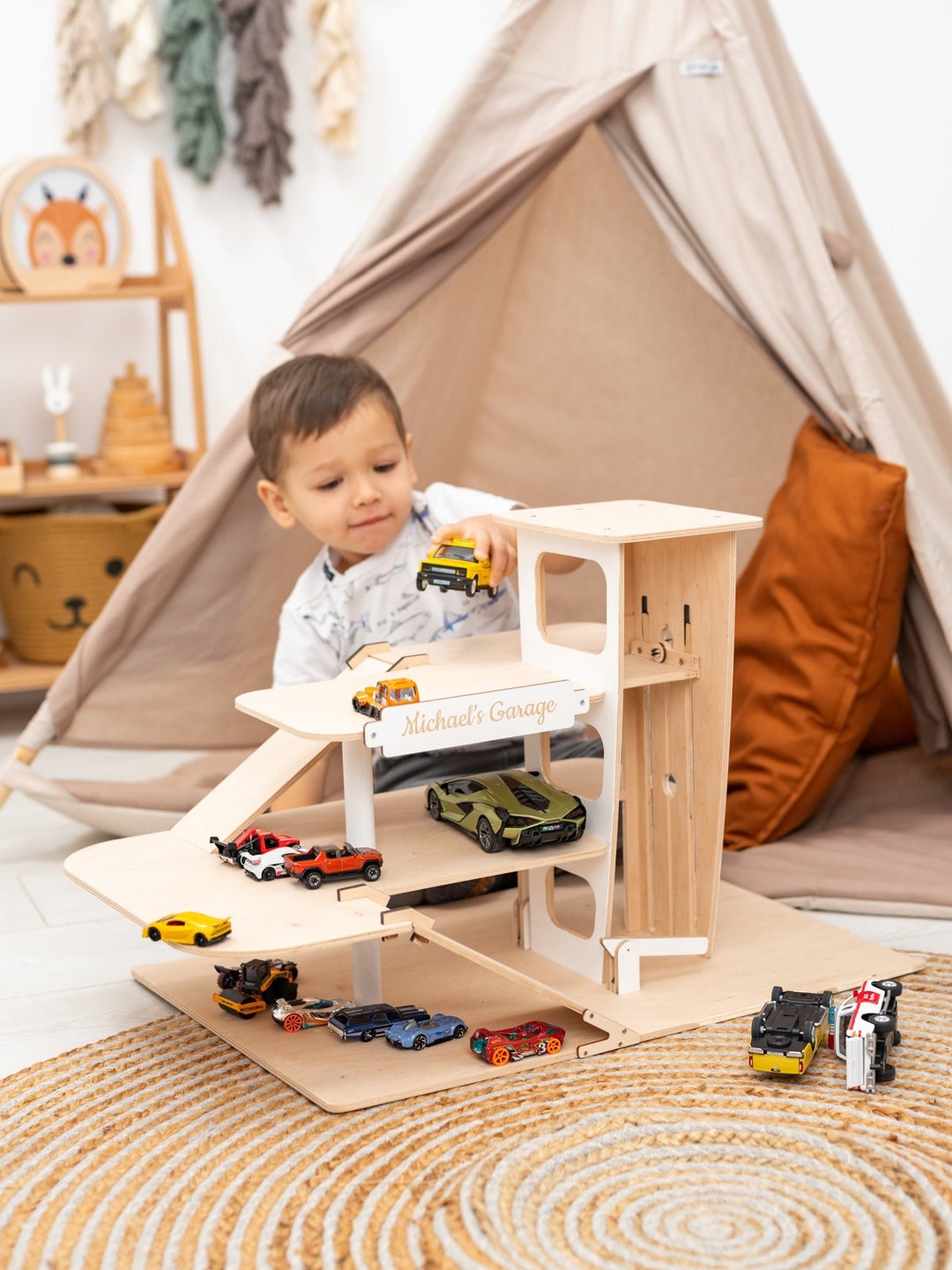 Boy Birthday Gift, Wooden Toy Parking Garage With Elevator, Toy Car ...