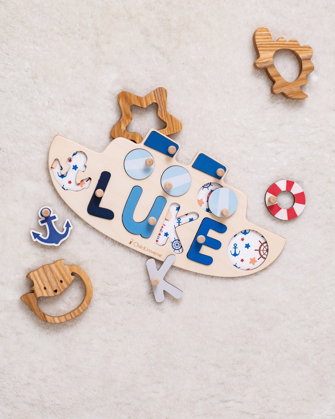 Wooden Name Puzzle With Pegs, Boat Theme, Gifts for Kids, 1 Year Old ...