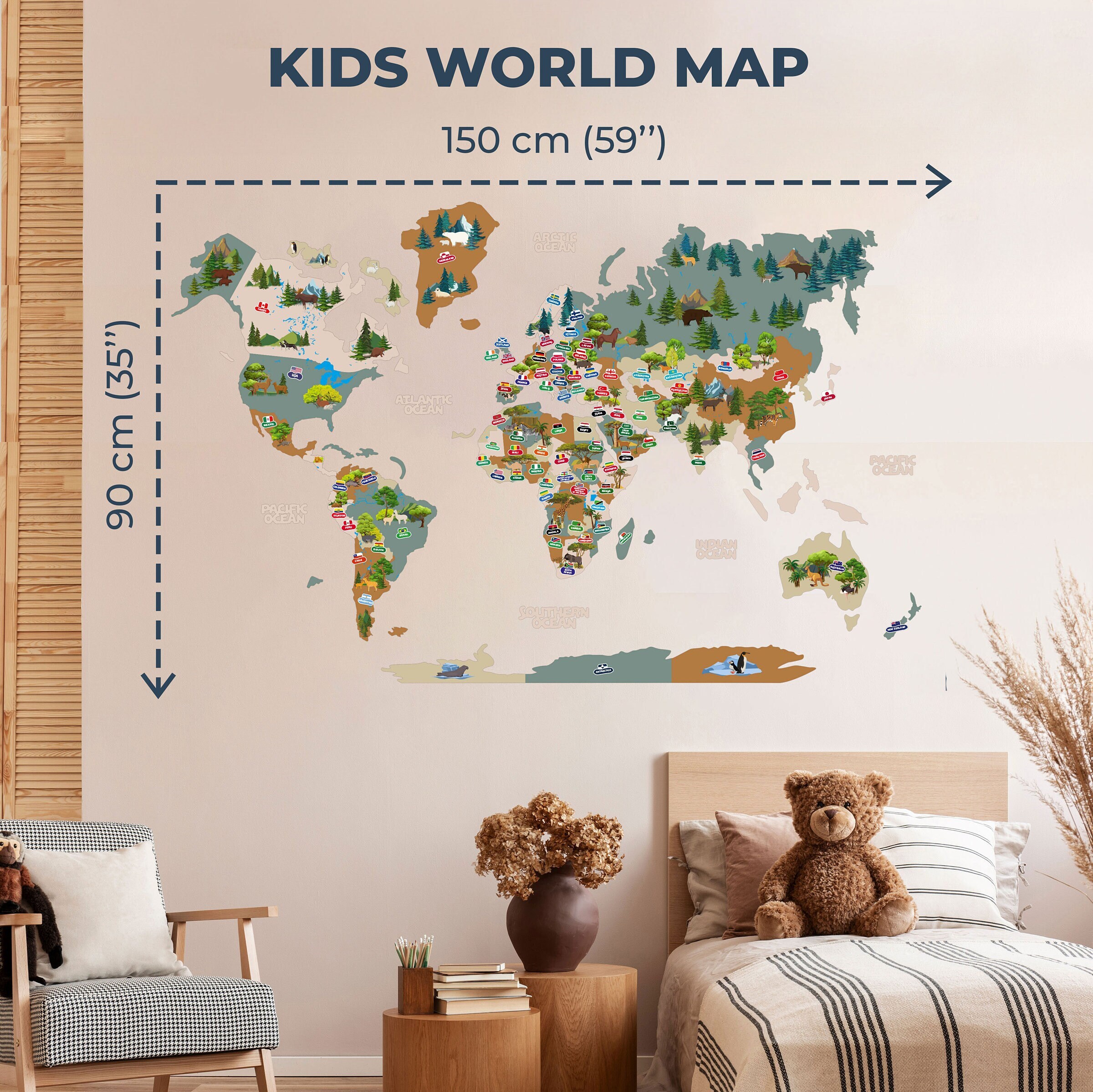 Nursery World Wall Map, Educational World Map, Wooden Kids Playroom ...