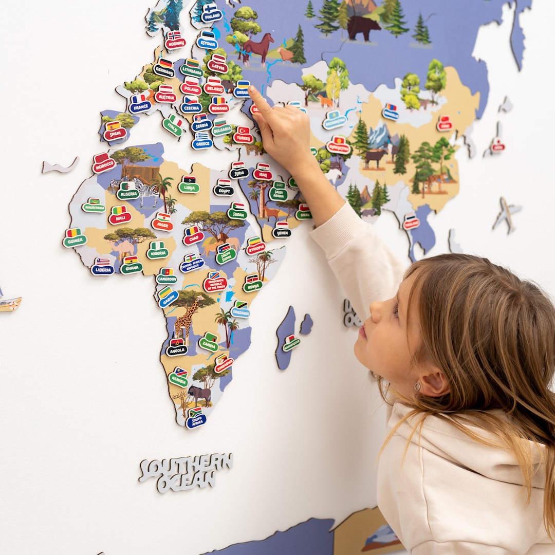 Baby Room Wooden Wall Map, Animal Wall Map, Educational World Map, Kid ...