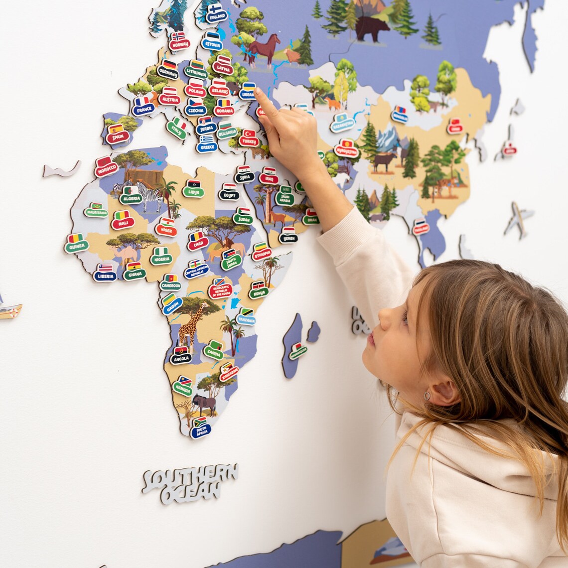 Kids World Map, Travel Wall Map, Toddler Wall Decor Animal, Nursery Map ...