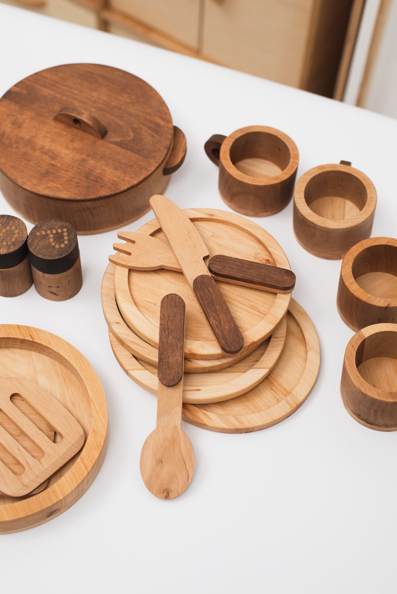 Montessori Kitchen Tools, Wooden Pretend Play Kitchen Dishes Set for ...
