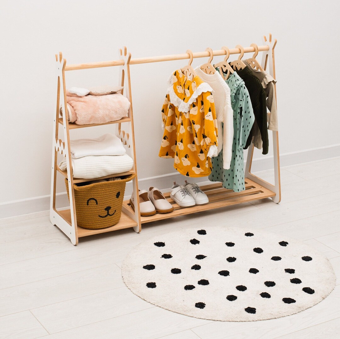 Montessori Wardrobe Wooden, Kids Teepee Clothing Rack, Toddler Wardrobe ...