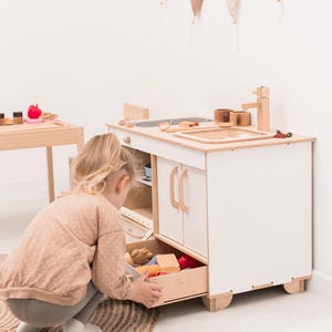 White Baby Kitchen Set, Wooden Montessori Kitchen, Playroom Furniture ...