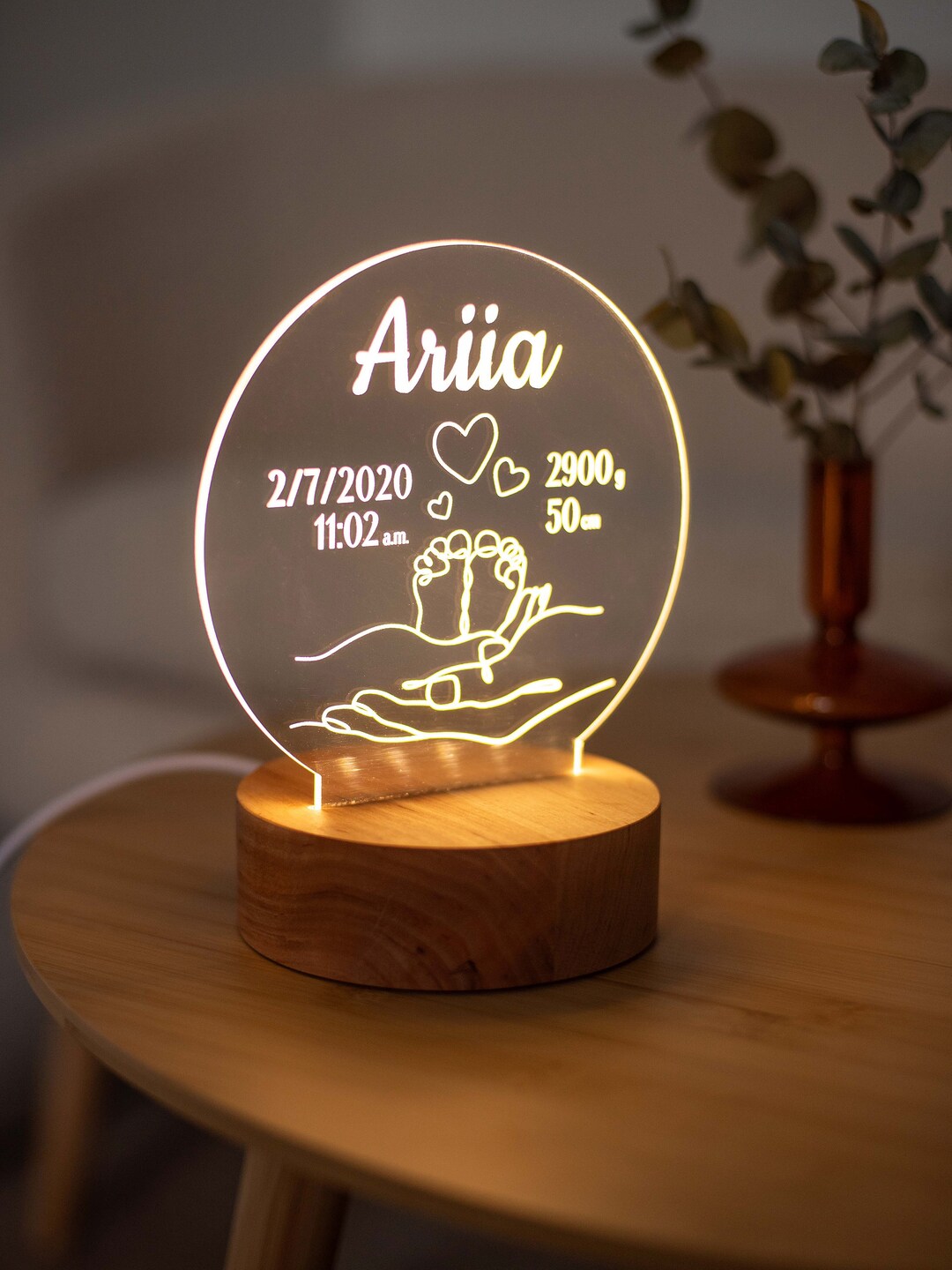 Baby Night Light With Birth Stats, Wooden LED Nursery Decor, First ...
