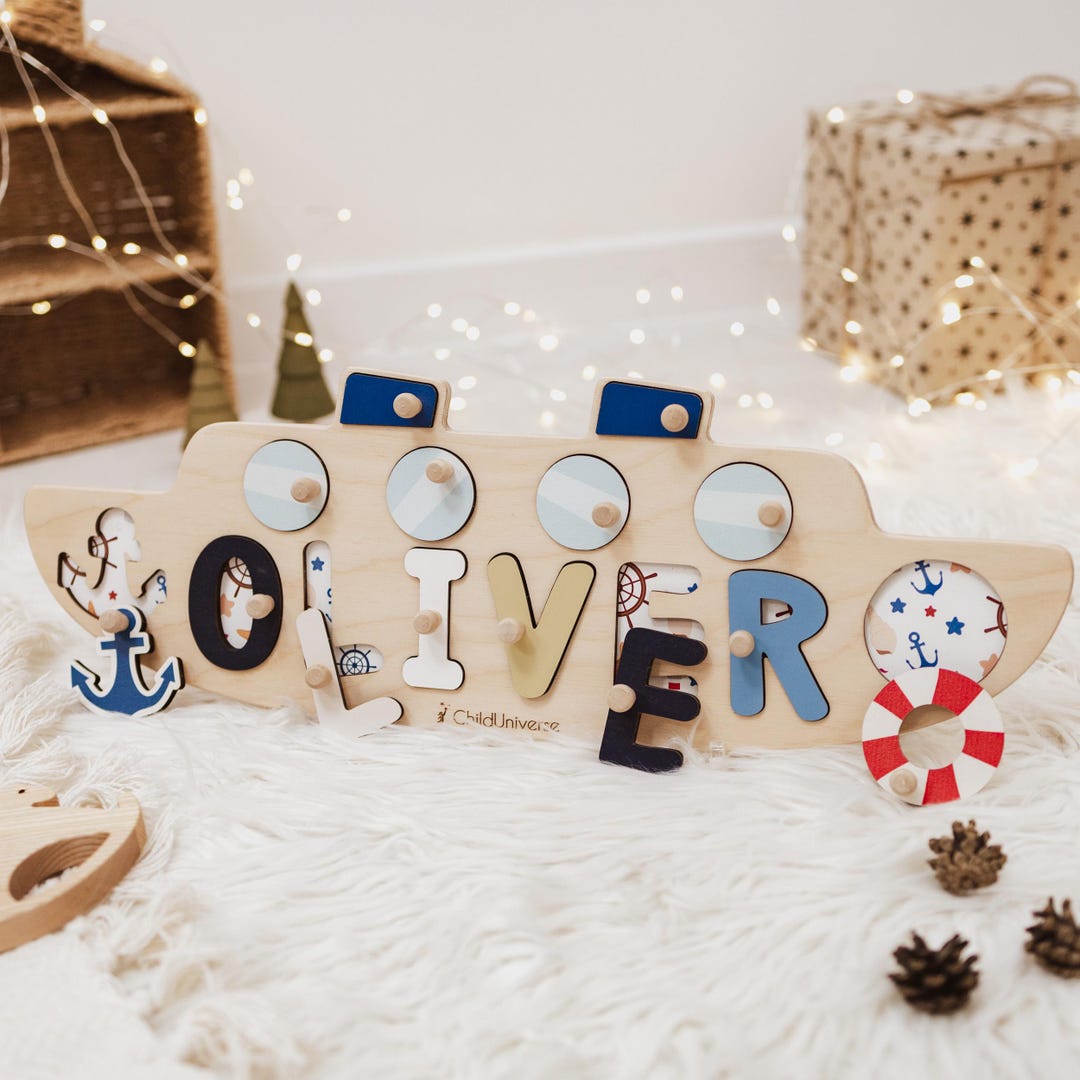 Wooden Name Puzzle With Pegs, Boat Theme, Gifts for Kids, 1 Year Old ...