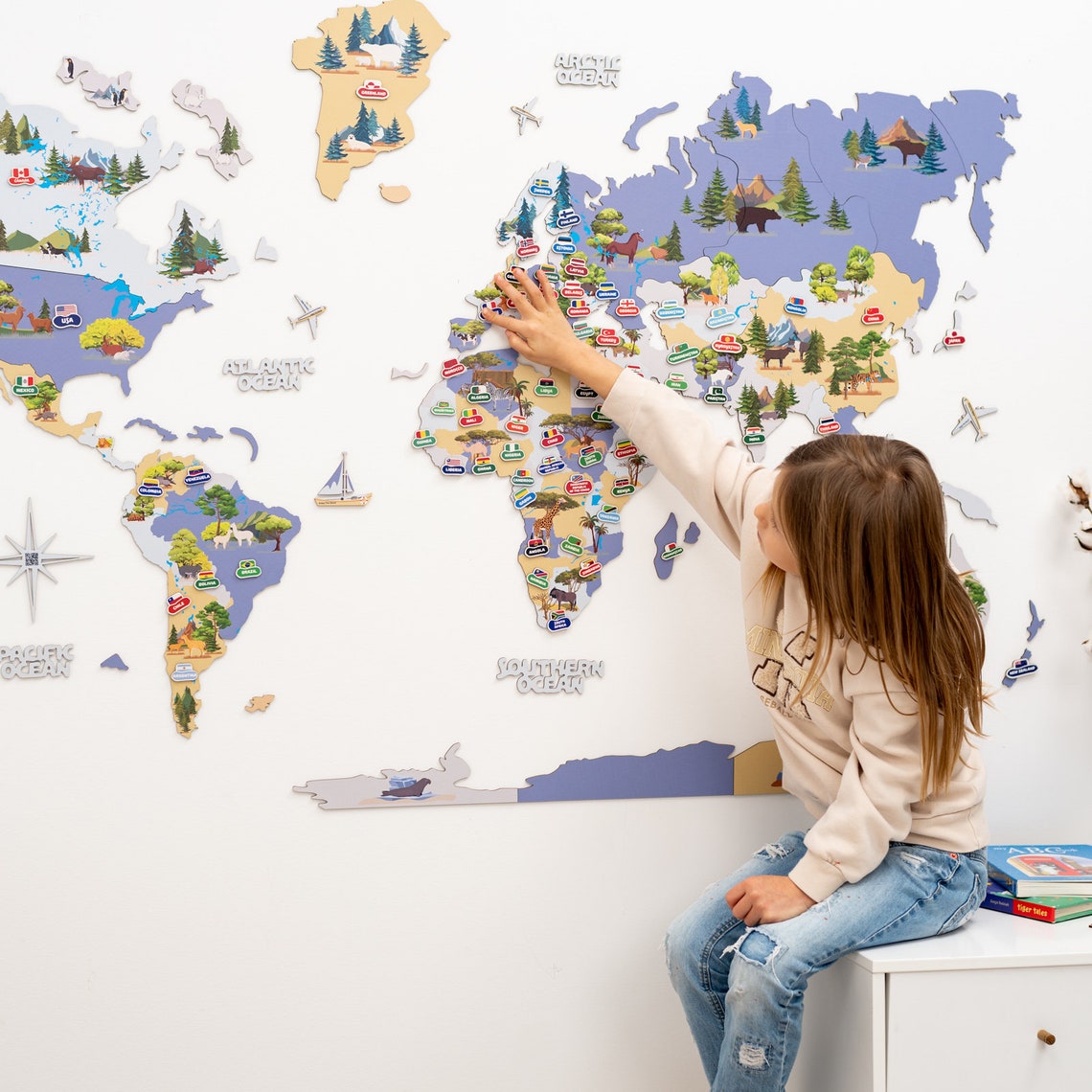 Kids World Map, Travel Wall Map, Toddler Wall Decor Animal, Nursery Map ...