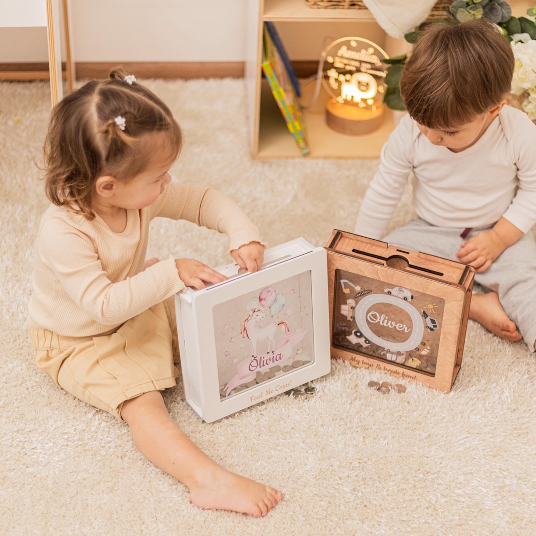 Piggy Bank for Kids, Cash Box for Child, Baby Birthday Gift, Wood Money ...