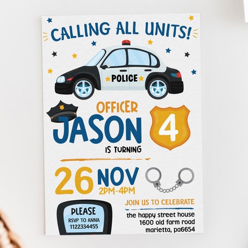 Police Birthday Invitation Police Party Invite Police | Etsy