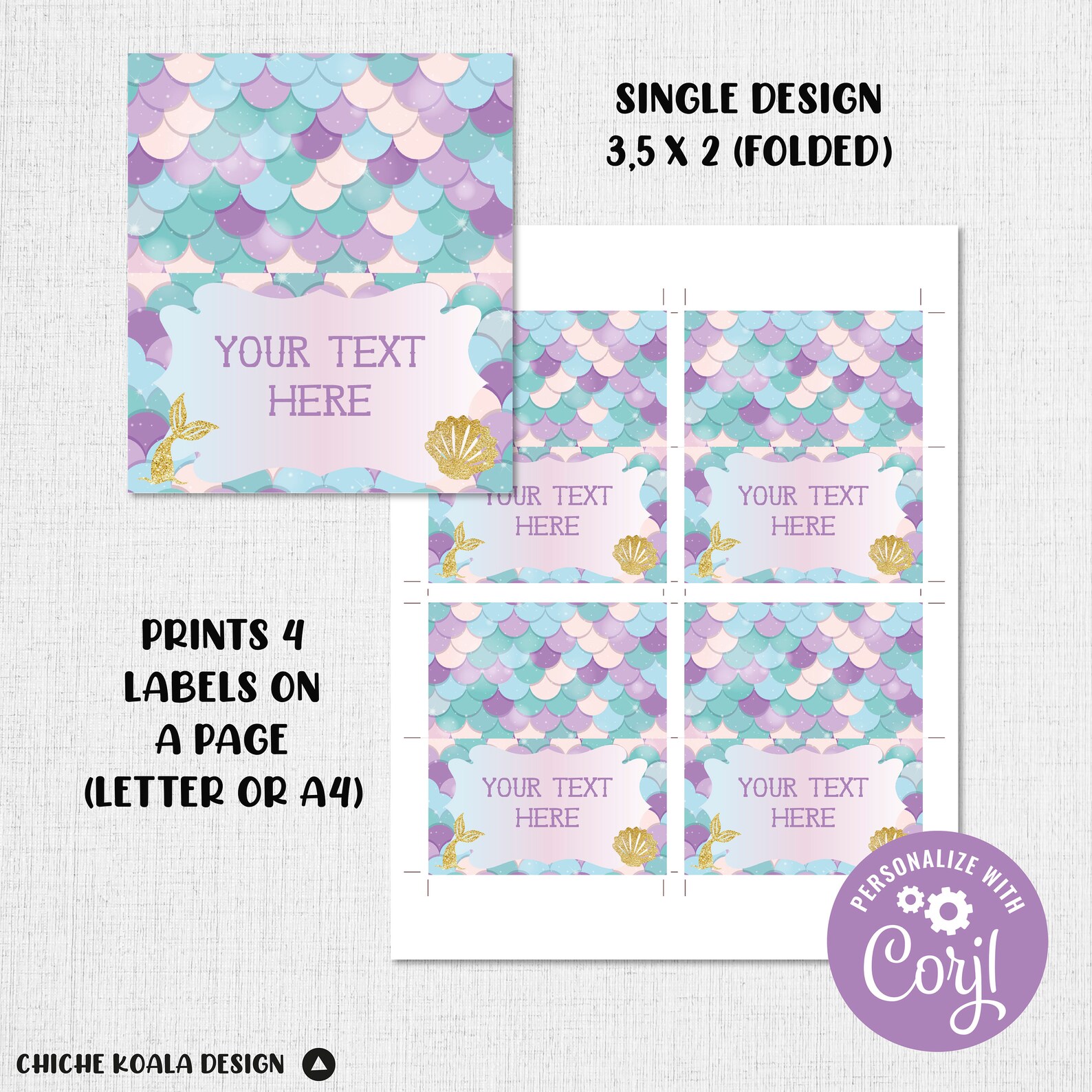 Mermaid Cute Editable Food Label Birthday Sea Place Card Gold - Etsy