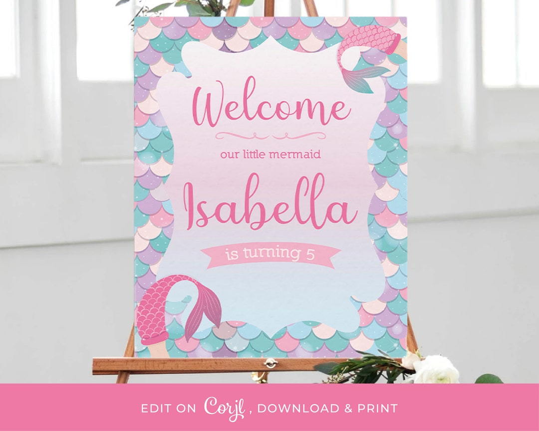 Mermaid Sweet Editable Welcome Sign Birthday Pink Sea Table - Etsy