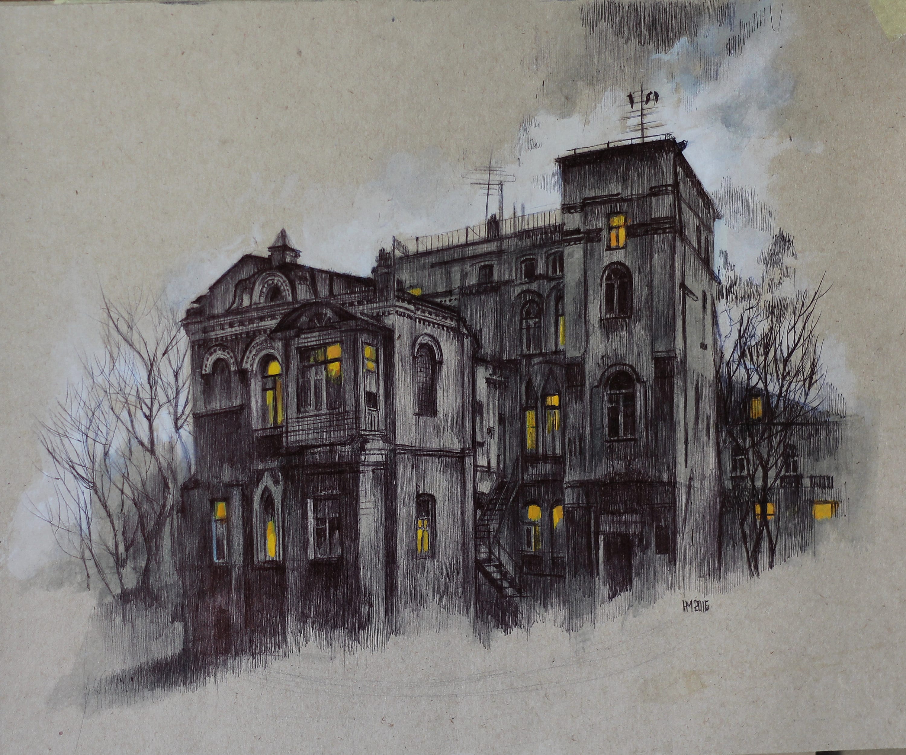 Custom drawing on coloured paper Pen sketch House illustration Pen ...