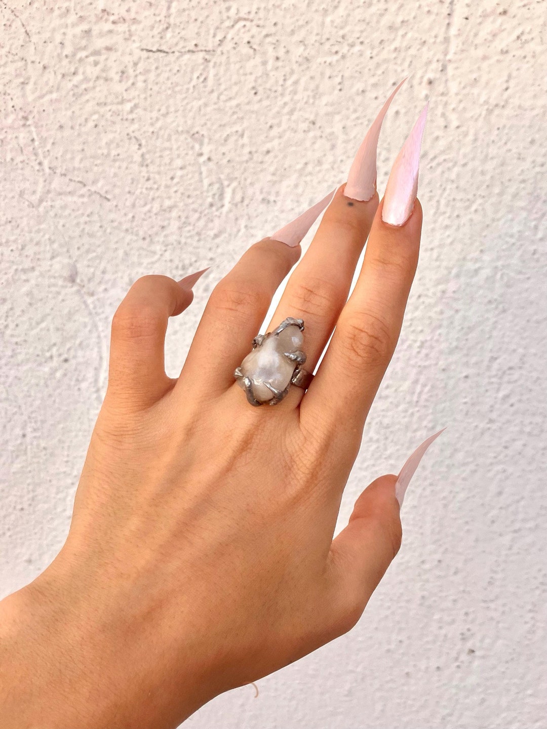 Spiky Liquid Metal Ring With Milk Quartz Stone - Soft Solder Gothic ...