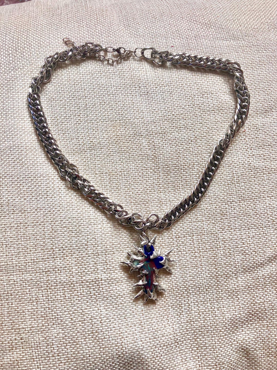 Handmade Unisex Spiky Cross Liquid Metal Chain Necklace - Soft Solder ...