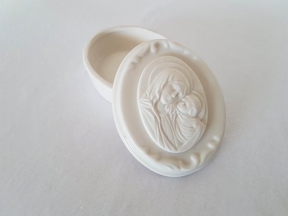 Vintage ceramic oval box Madonna Religious Keepsake B… - Gem