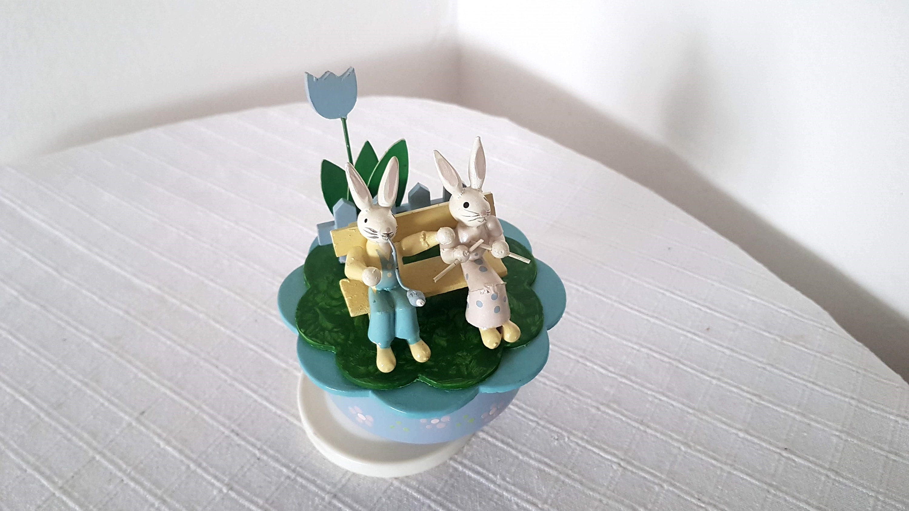 Vintage a Pair of Easter Bunnies on a Spinning Music Box German Wooden ...