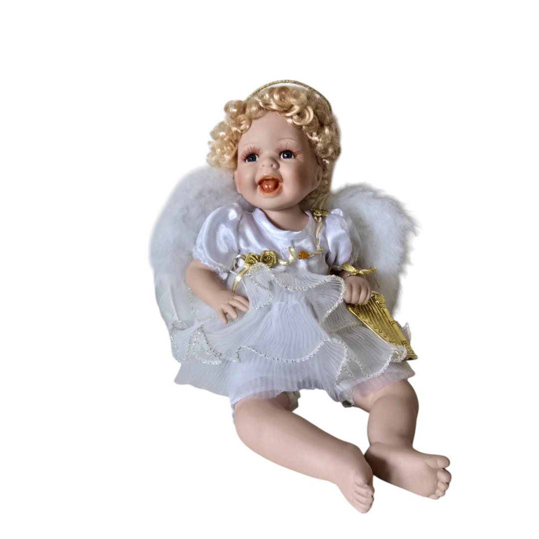 Vintage Porcelain Angel Doll, Curly Hair, White Dress, Collectible ...