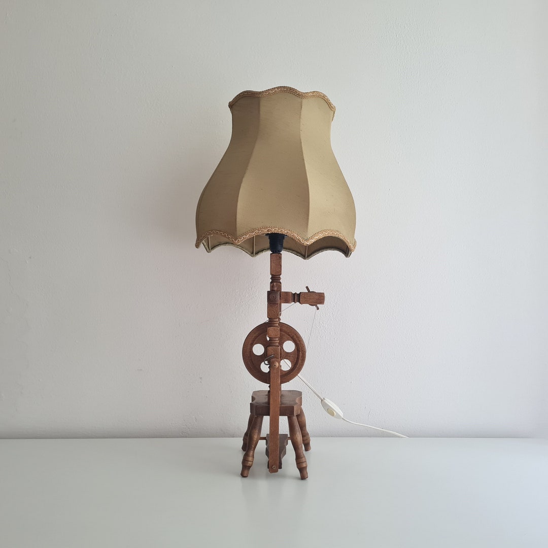 Vintage Big Wooden Spinning Wheel Desk Lamp 70s - Etsy