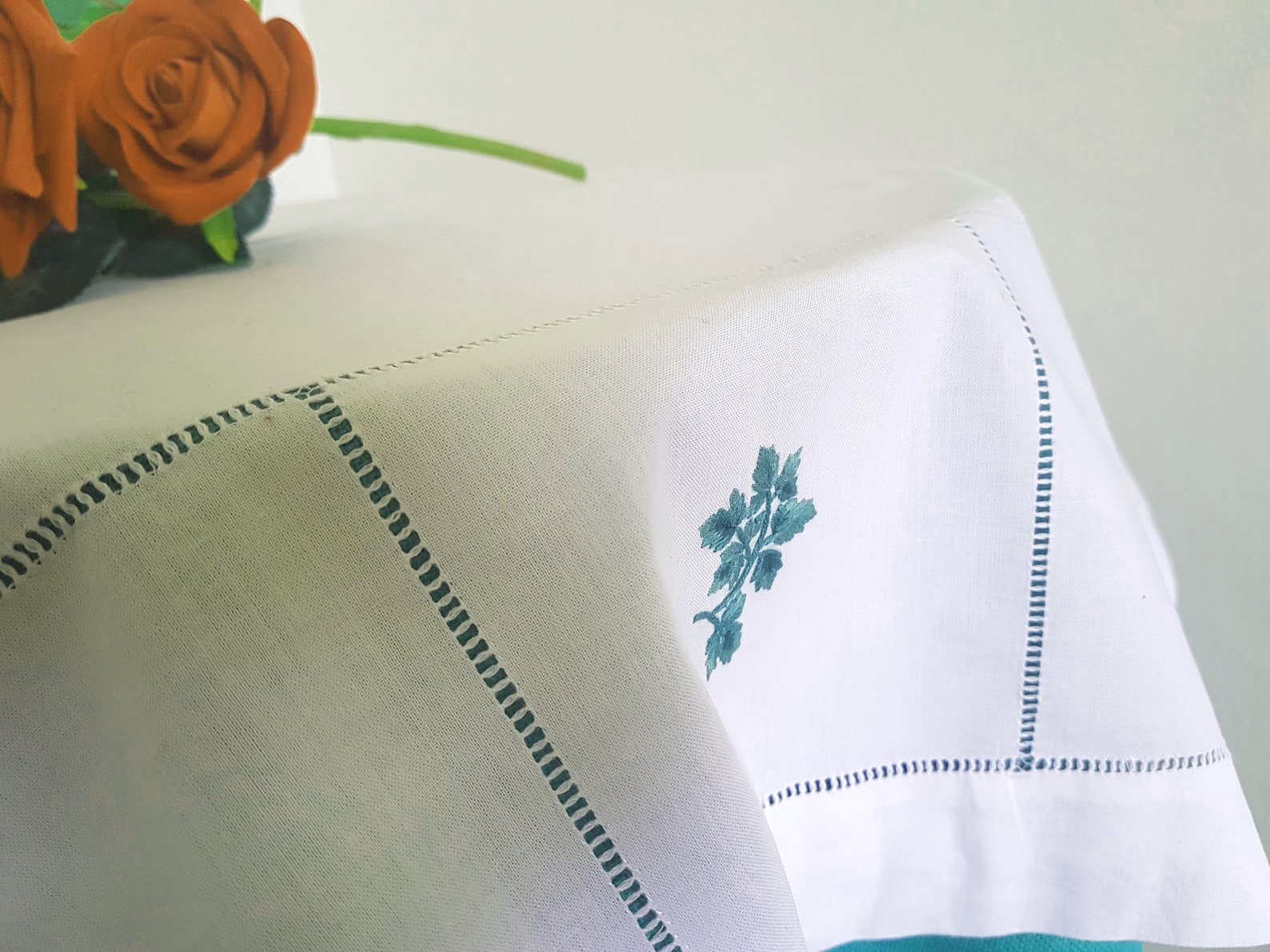 Square Tablecloth With Hemstitch and 4 Embroidered Plants | Etsy