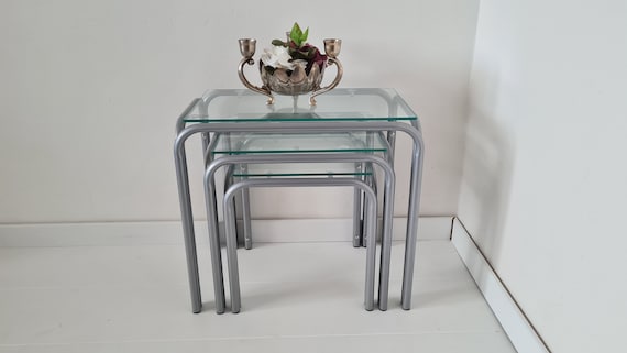 Vintage Mid Century Modern Nesting Table Set of 3 Silver Colored Coated Frame and Hardened Glass Table Tops Unused in Original Box Etsy