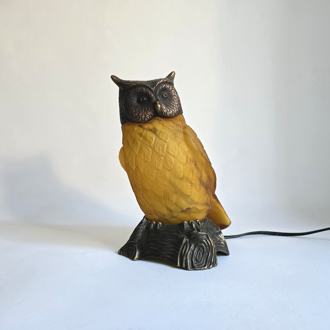 Vintage Tin Chi Owl Lamp, Bronze & Amber Glass Accent Light - Etsy