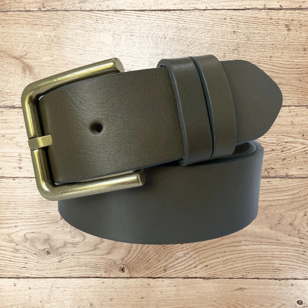 Mens Olive Military Green Belt Bull Hide Leather Brass Polish Buckle - Etsy