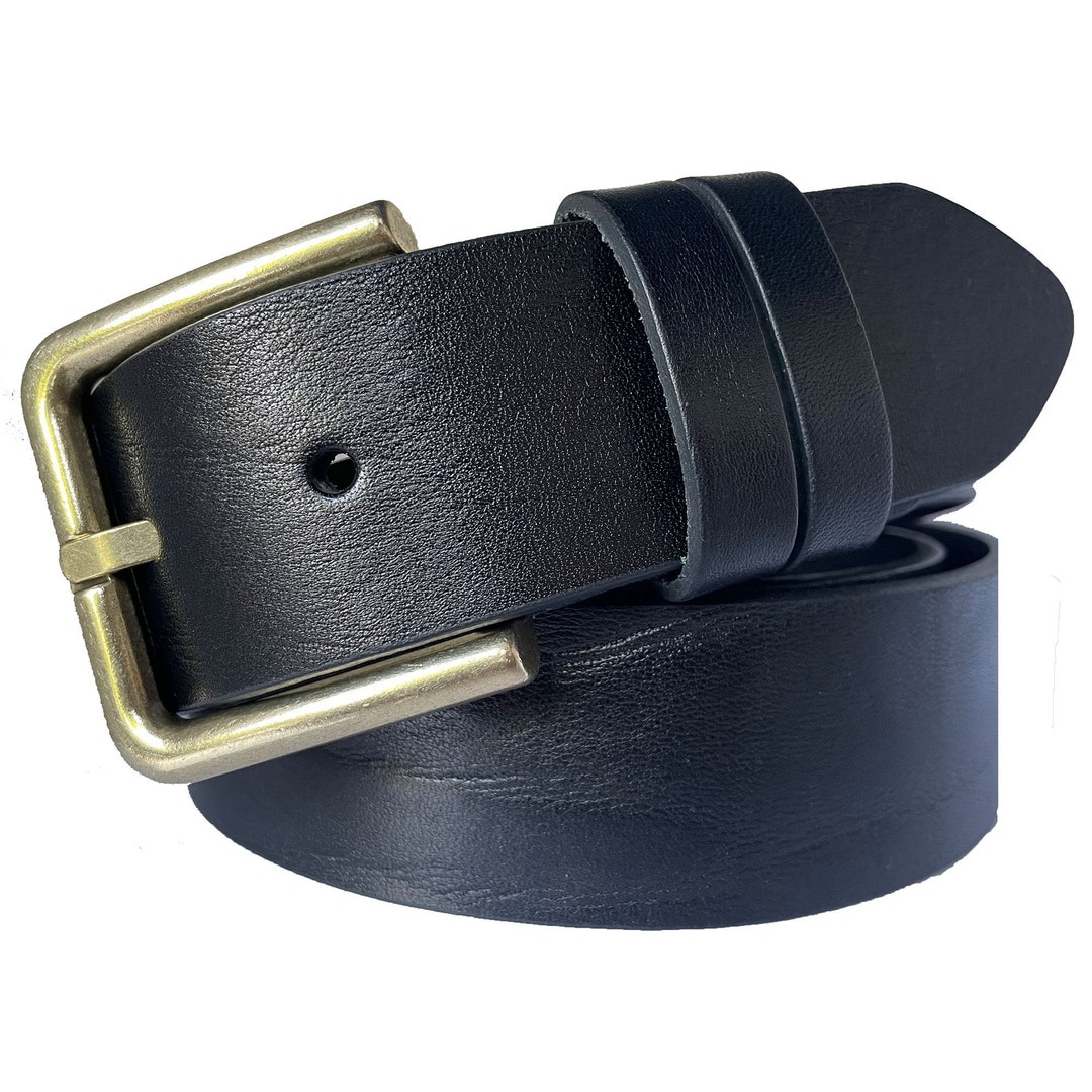 Mens Black Single Skin Bull Hide Italian Leather Belt Brass Buckle 40mm ...