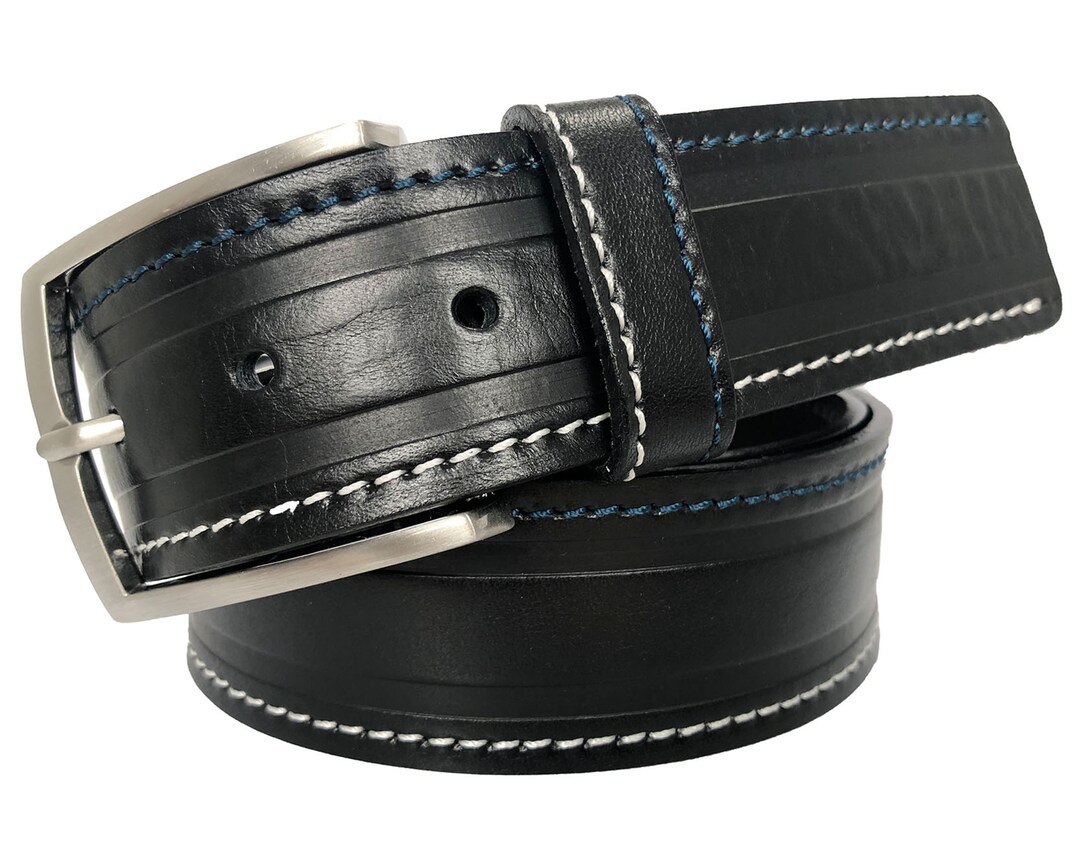 Mens Black Single Skin Hide Italian Hide Leather Belt Blue Stitching ...