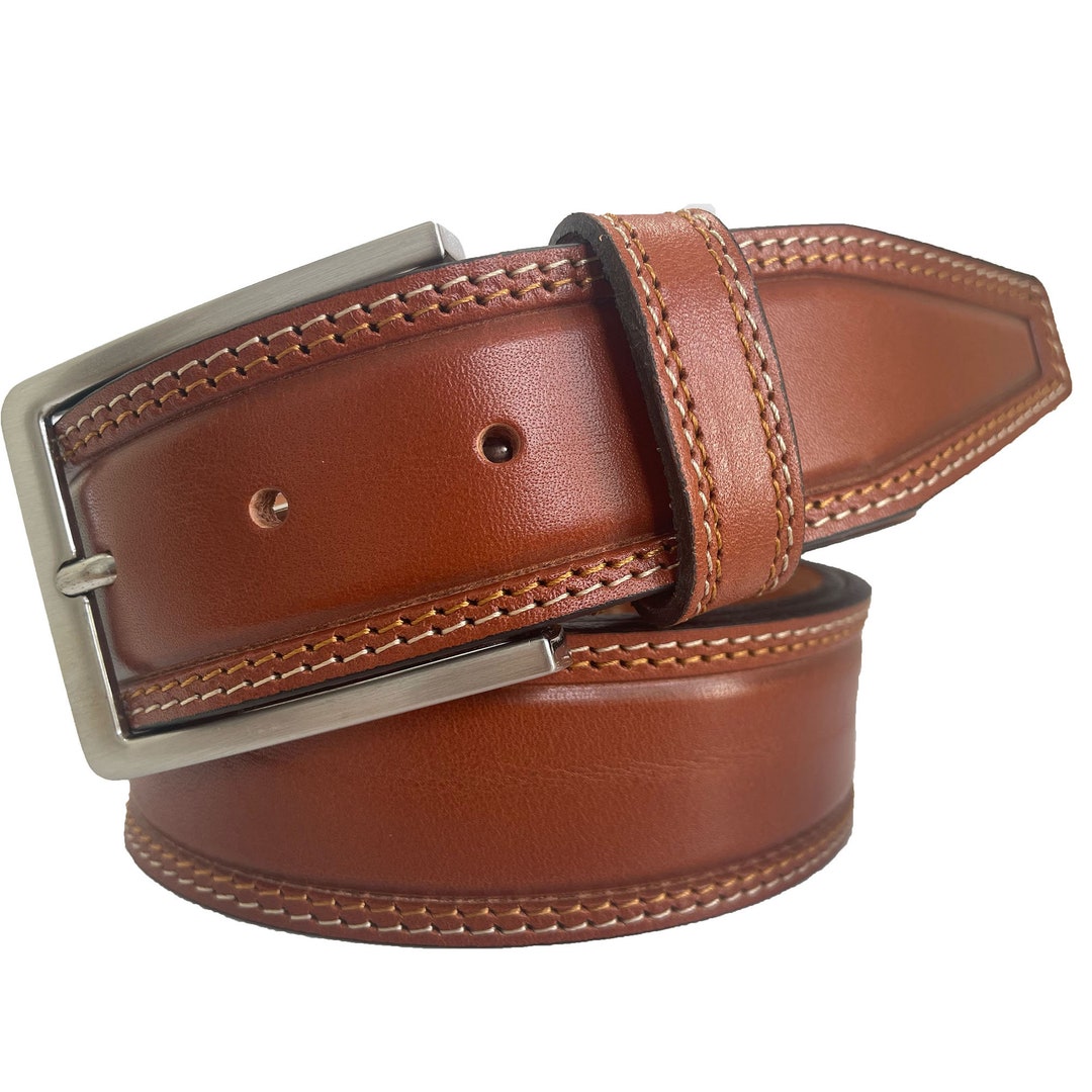 Mens Caramel Tan Double Stitched Single Skin Hide Italian Hide Leather ...