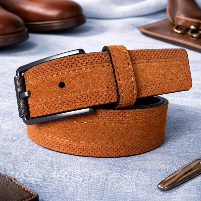 Mens Suede Belt Cognac - Etsy