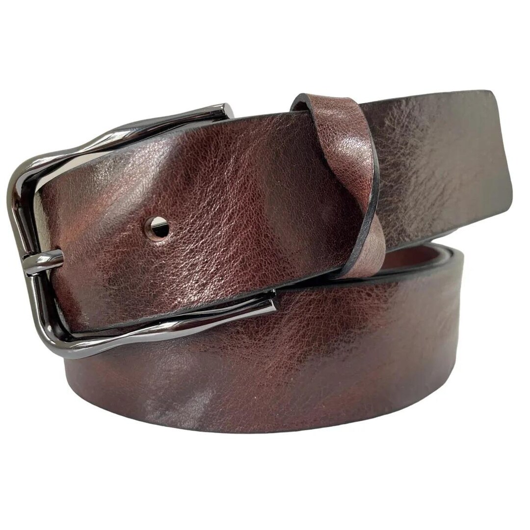 Mens Brown Single Skin Distressed Italian Hide Leather Belt Gunmetal ...