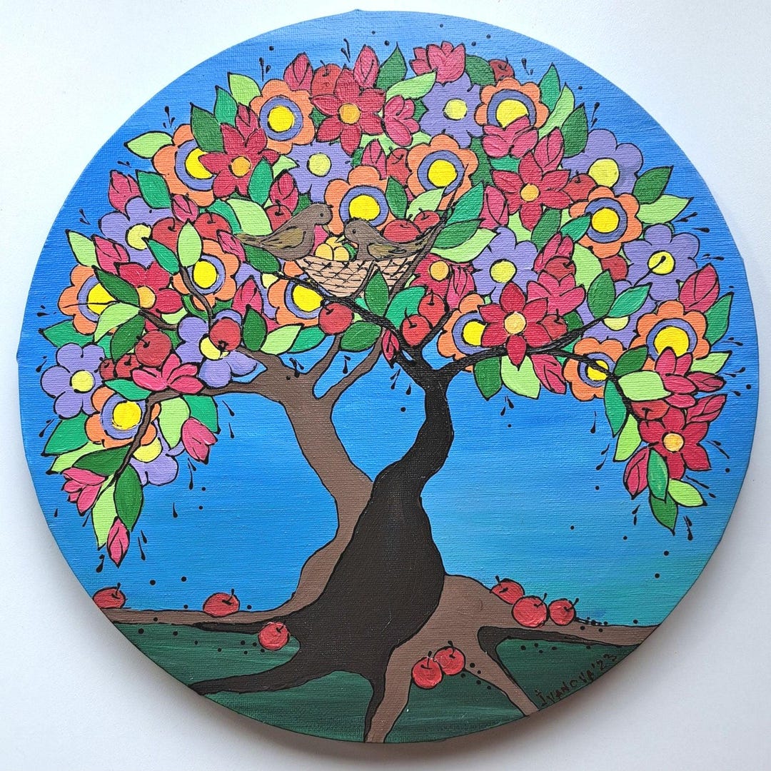 Round Tree of Life Acrylic Painting, Hand-painted Canvas Art With Bird ...