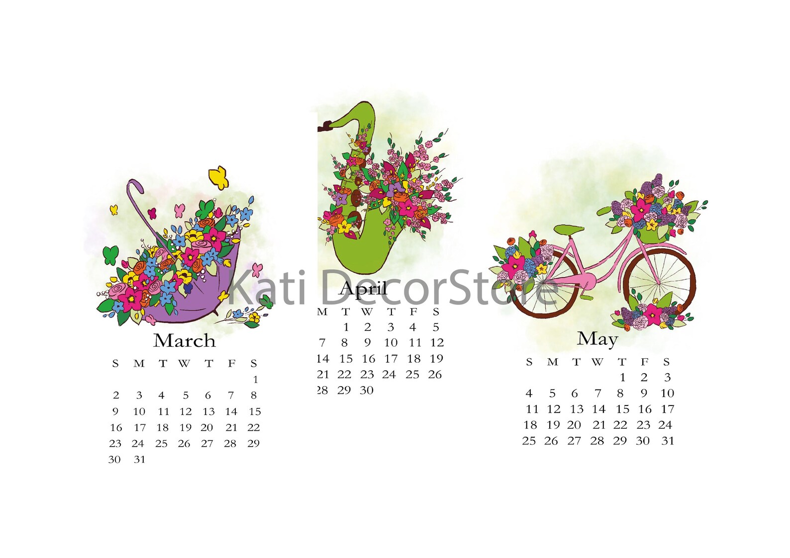 2025 Calendar With Blooming Art. Calendar in Letter Size & A4 Sunday ...