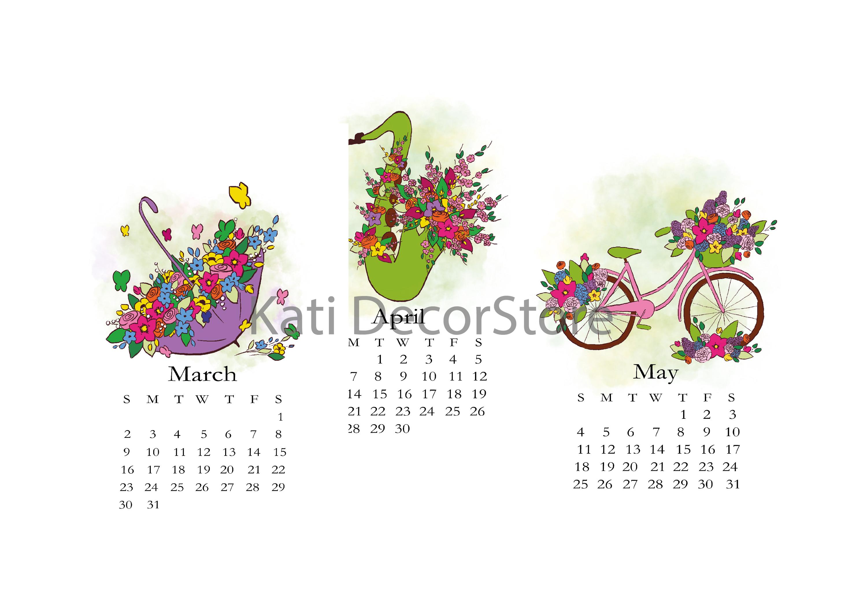 2025 Calendar With Blooming Art. Calendar in Letter Size & A4 Sunday ...